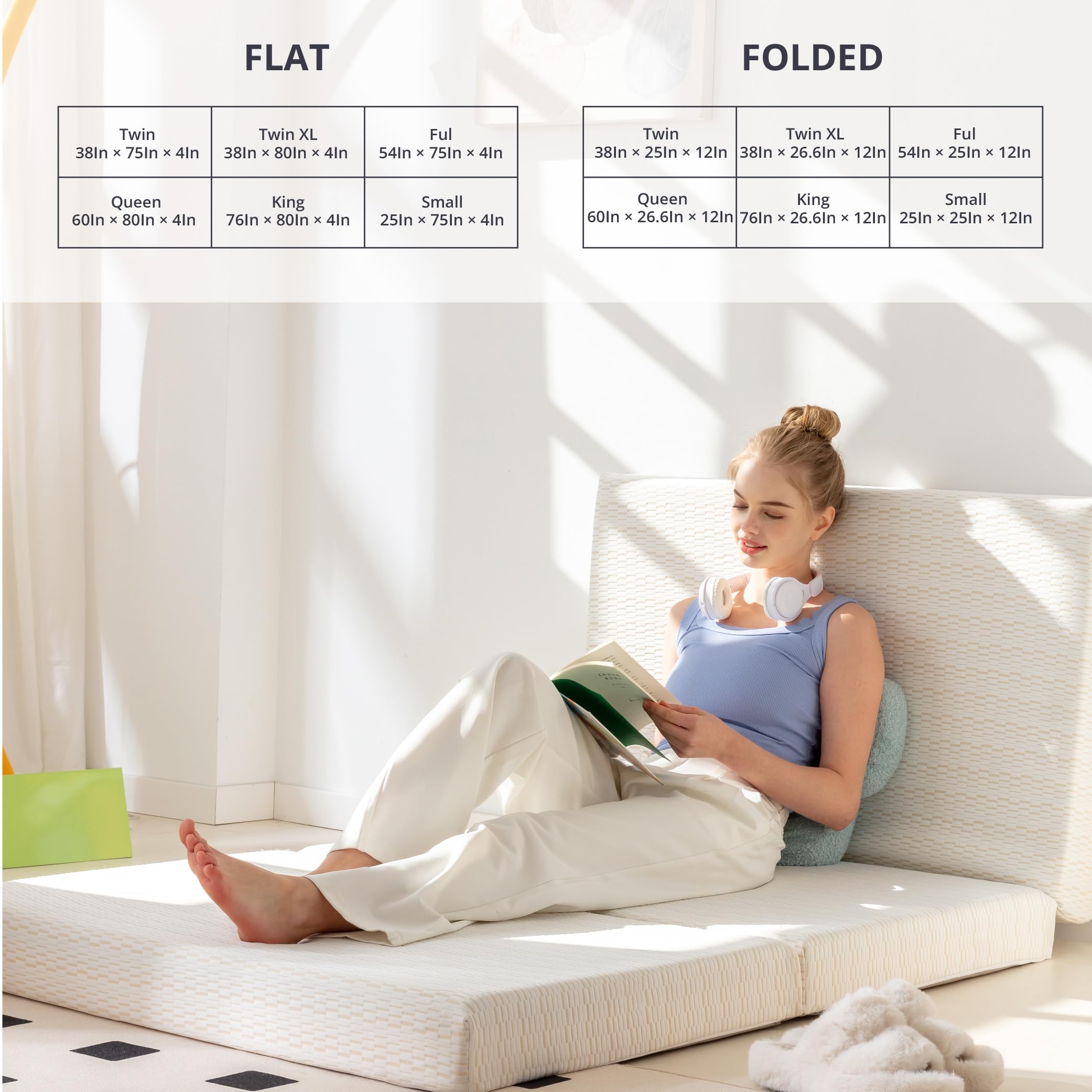 CH CHARME HOUSE Folding Mattress, 4 inch Trifold Mattress Topper with Washable Cover and Storage Bag, Non-Slip Bottom, CertiPUR-US Certified-Full Size (75" x 54" x 4")