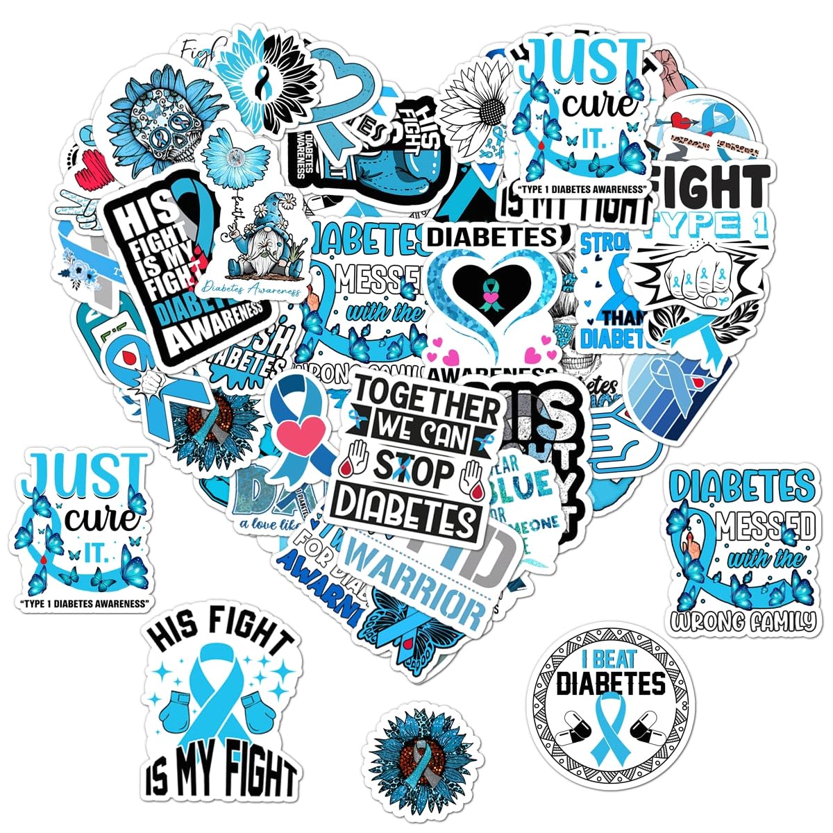 50 Pack Pcs Type One Diabetes Awareness Ribbon Stickers for Water Bottles Waterproof Vinyl Laptop Funny Inspirational Sticker Packs Bulk Set Teens Adults Aesthetic Small Decals