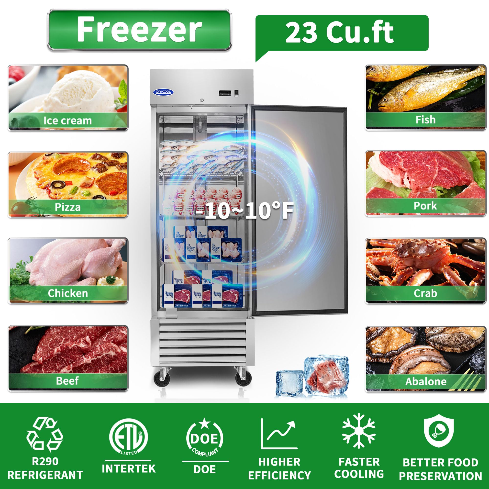 ORIKOOL 27"W Commercial Freezer Upright, -10℉ ~ 10℉ Stainless Steel Reach-in Freezer, 3 Adjustable Shelves, LED Lighting, 23 Cu.ft