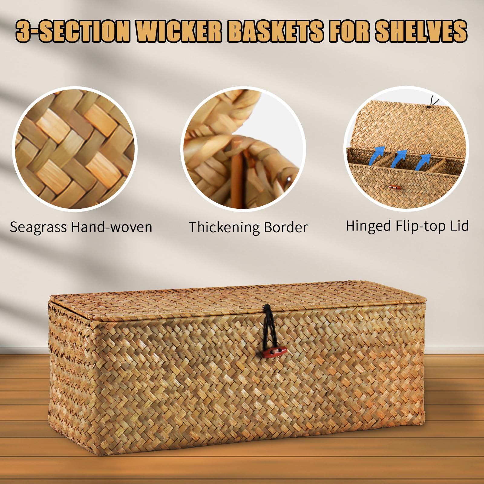 TaoTazon Woven Basket for Toilet With Lid, Seagrass Tank Woven Basket Organizer with 3 Sections, Toilet Tank Basket with Wood Tray for Toilet, Dresser(Big Size: 16.6 * 5.7 * 5.5inch)