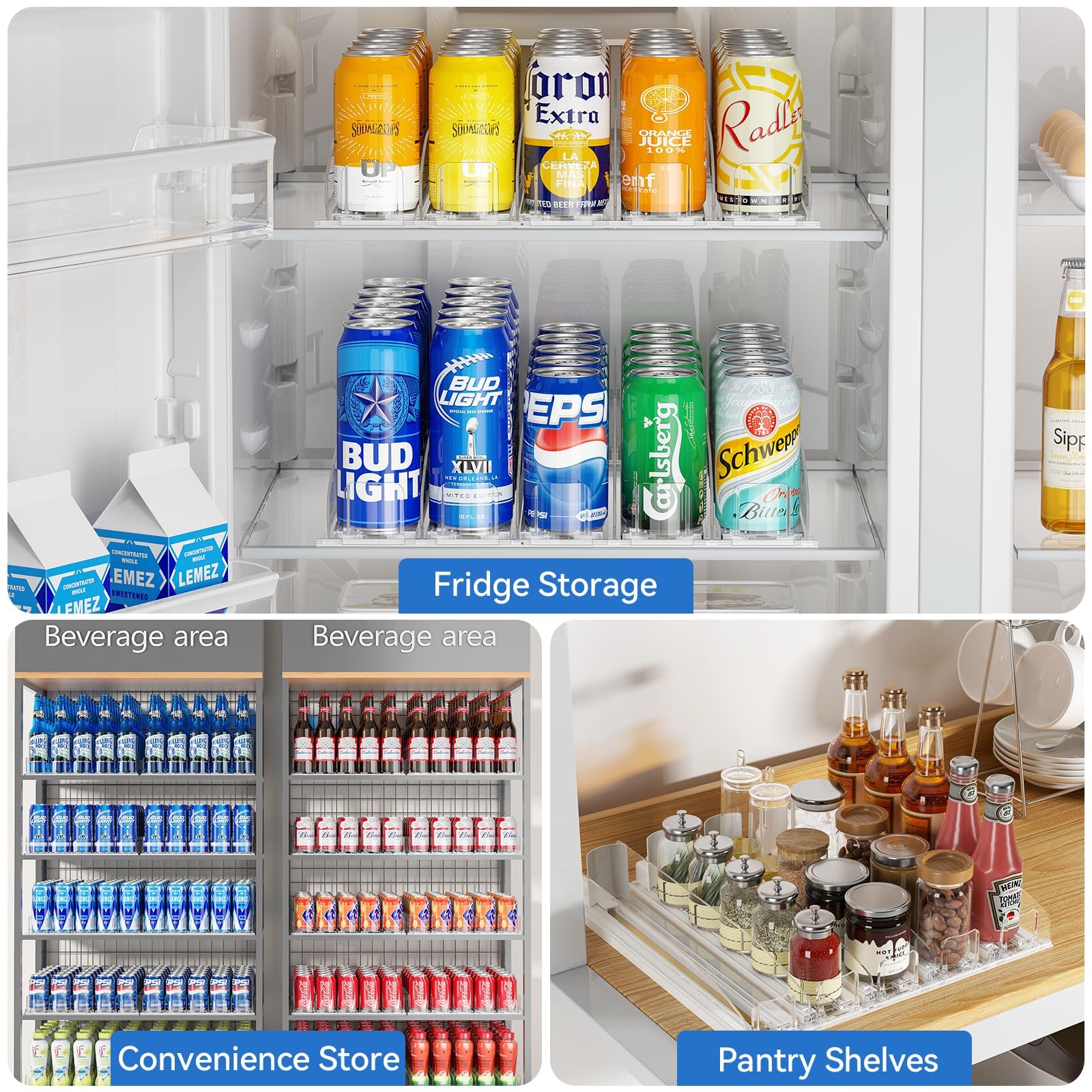 LAMU Drink Organizer for Fridge Automatic Pusher Glide Soda Can Dispenser Width Adjustable Pop Can Holder Beverage Organizer for Refrigerator 14.96"D Adjustable for 6-20oz (White 5 Rows)