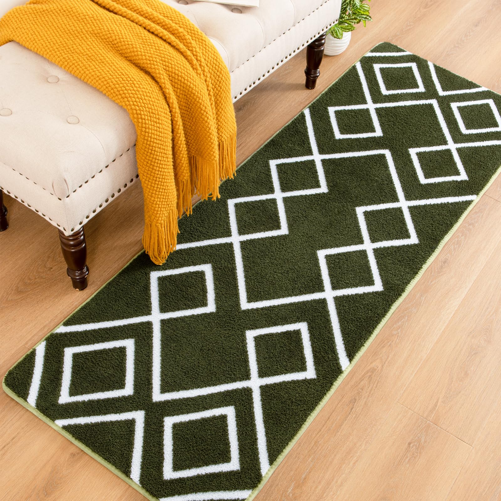 Rtizon Runner Rug for Bedroom, 2x6 Feet Green Shag Area Rugs with Memory Foam for Hallway Bedside, Fluffy Shaggy Machine Washable Moroccan Geometric Carpet for Dorm Living Room Laundry