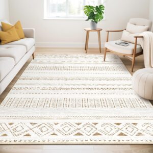 large living room area rug 5x7: soft machine washable boho moroccan farmhouse rugs for bedroom under dining table - non-slip neutral morden indoor floor carpet for home office - brown/cream