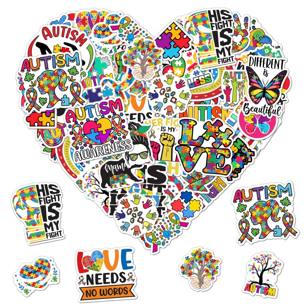 50 Pack Pcs Autism Awareness Stickers for Water Bottles Waterproof Vinyl Laptop Luggage Phone Case Cars Inspirational Sticker Packs Bulk Adults Teens Kids Aesthetic Small Decals