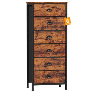 furnulem tall dresser with 6 drawers,vertical end table and nightstand for bedroom,industrial dorm bedside furniture with fabric storage drawer organizer in living room,closet,entryway(rustic brown)