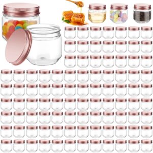 maxcheck 105 pcs 3 oz wide mouth mason jars clear plastic jars with lids mini storage containers bulk for herb jelly wedding favors shower party favors(rose gold)