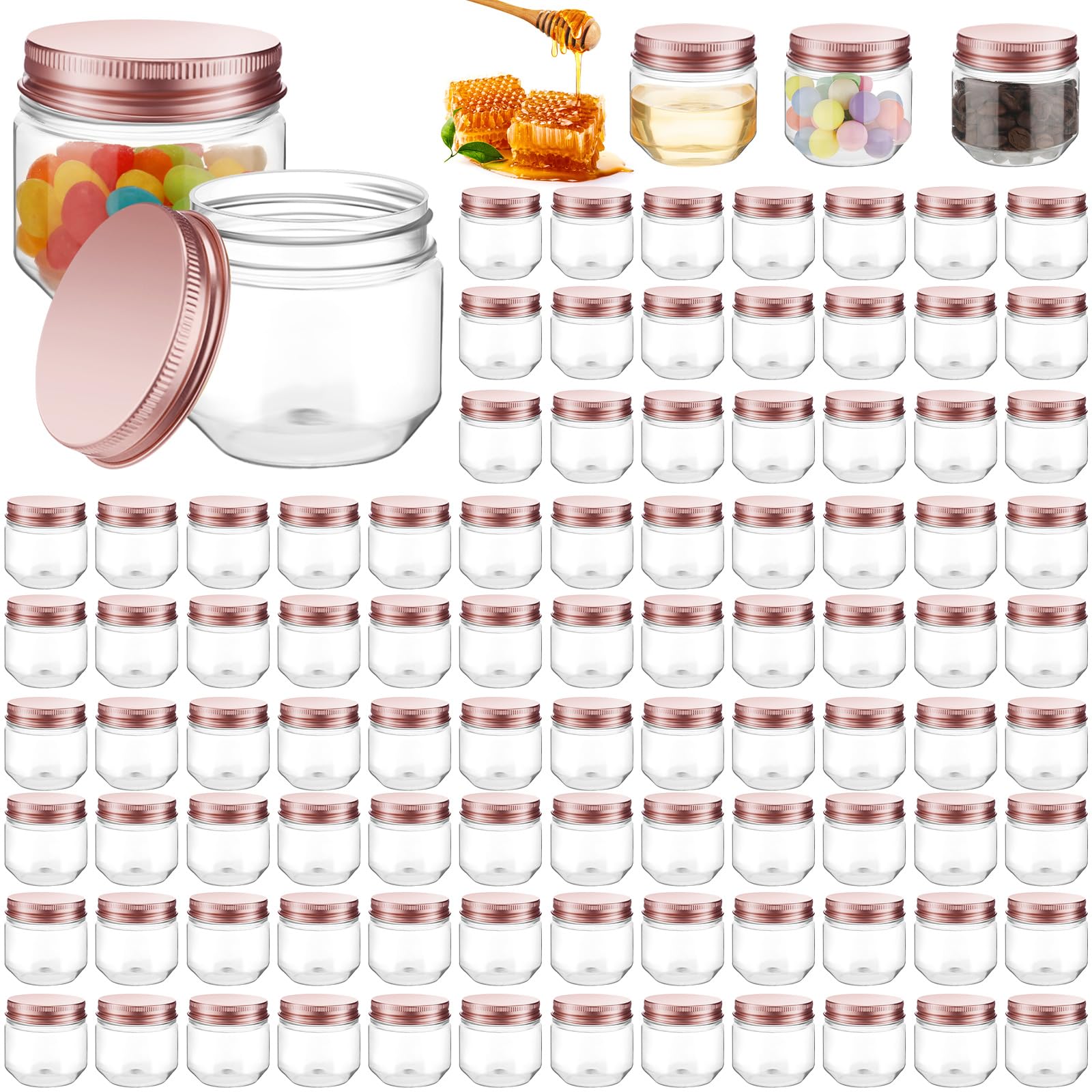 Maxcheck 105 Pcs 3 oz Wide Mouth Mason Jars Clear Plastic Jars with Lids Mini Storage Containers Bulk for Herb Jelly Wedding Favors Shower Party Favors(Rose Gold)