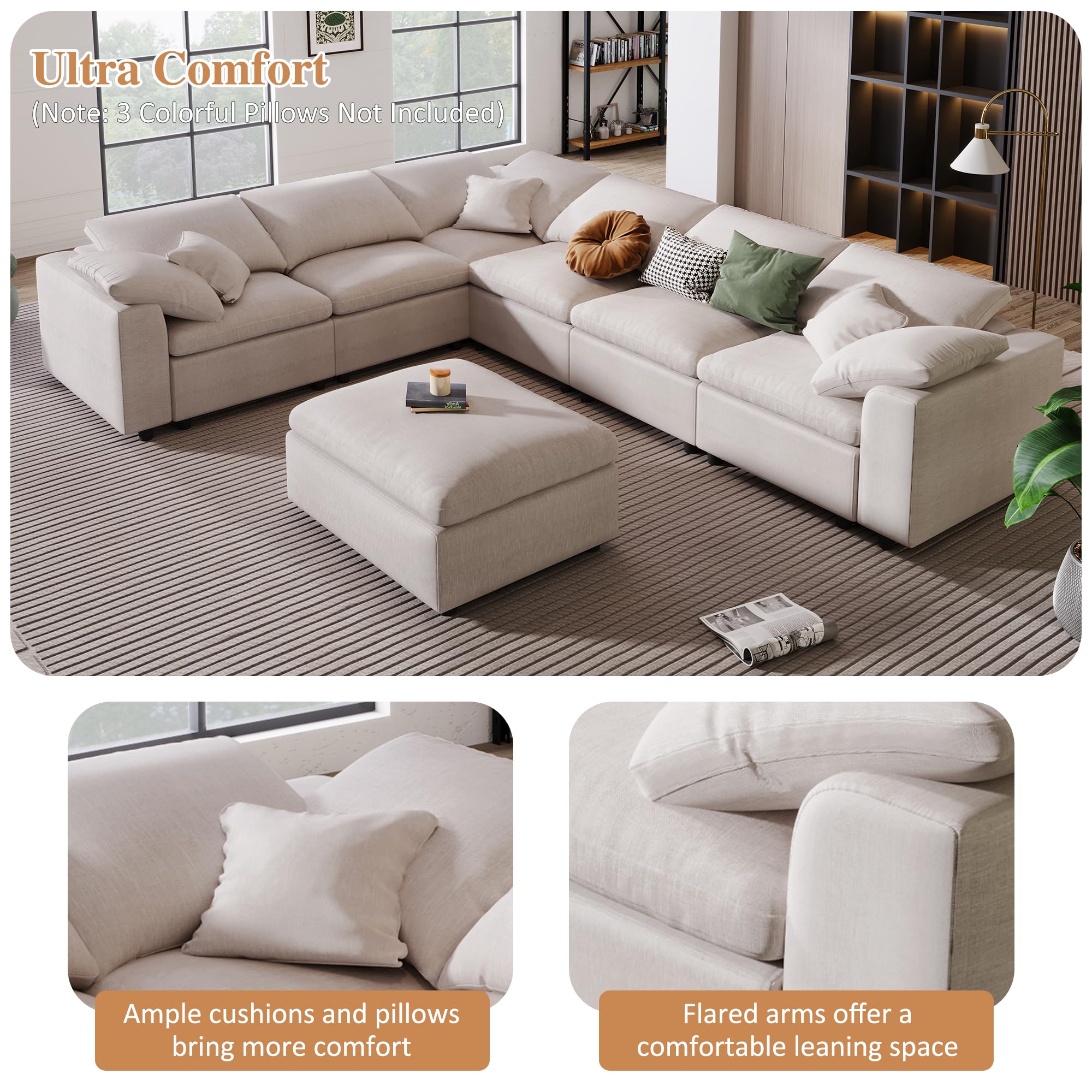 Tmsan 130.3" Oversized Cloud Sofa Couch Set for Living Room, Modern Convertible U Shaped Sectional Couch Large 7 Seater Chenille Corner Sofa with Ottoman for Apartment Office Spacious Space (Beige)