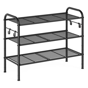 songmics shoe rack, 3-tier shoe organizer, metal shoe shelf storage with 4 side hooks, holds 12 pairs of shoes, height-adjustable shoe rack for entryway, hallway, closet, easy assembly, ink black