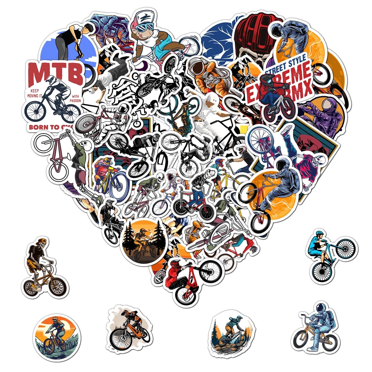 50 Pack Pcs BMX Bike Stickers for Water Bottles Waterproof Vinyl Laptop Luggage Scrapbooking Transportation Biking Sticker Packs Bulk Set Teens Adults Boys Aesthetic Small Decals