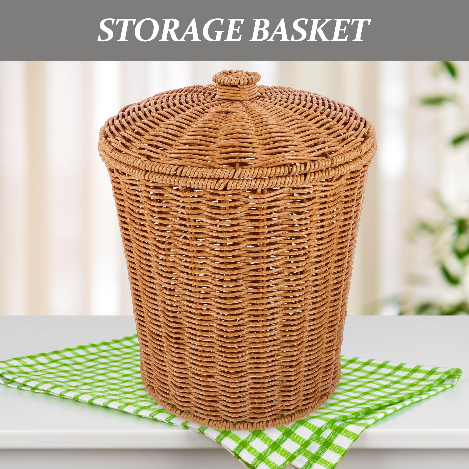 VICASKY Storage Basket with Lid Dirty Clothes Wicker Waste Basket Bedroom Storage Basket Containers with Lids Wicker Trash Can Rattan Waste Basket Woven Garbage Basket Seaweed Bracket Pp