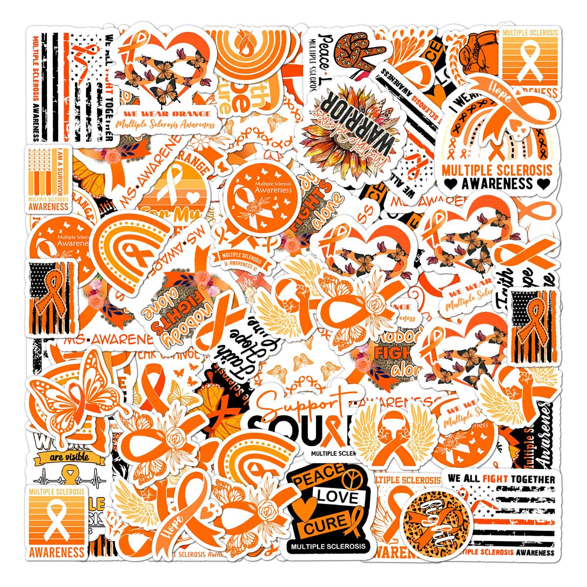 50 Pack Pcs Multiple Sclerosis Awareness Orange Ribbon Stickers for Water Bottles Waterproof Vinyl Laptop Luggage Inspirational Sticker Packs Teens Adults Aesthetic Small Decals