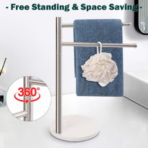 BathAce Hand Towel Holder, F-Shape Hand Towel Stand with Marble Base, Stainless Steel Swivel Stand Hand Towel Rack Free-Standing Towel Bar for Bathroom Kitchen Countertop, 2 Arms (Brushed Nickel)