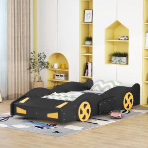 mihunnor twin size race car-shaped platform bed with wheels and storage, wood platform bed frame with wooden slat support, low platform bed for kids boys girls bedroom (black+yellow-76)