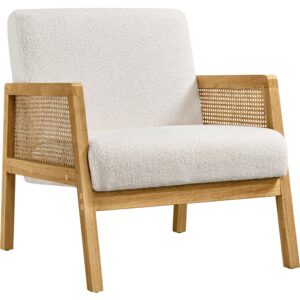 yaheetech boucle fabric accent chair, vintage rattan vanity chair with wood armrest and legs for living room bedroom makeup room, ivory 1