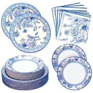 180pcs blue white floral party supplies serve 60, blue flower party paper plates and napkins kit for bridal baby shower wedding tea party decorations, includes dinner plates, dessert plates, napkins