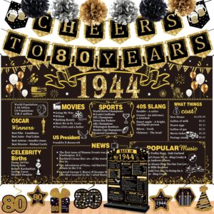 80th birthday decorations for men women,16pcs back in 1944 party banner decorations,including vintage 1944 backdrop,cheers to 80 years banner,7 hanging swirl,1944 poster anniversary card,6 paper poms