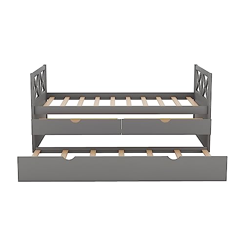 RORIGAT Twin Size Daybed with Trundle and Drawers,Multi-Functional Solid Pinewood Bedframe for Boys/Girls/Adult,No Box Spring Needed,Gray