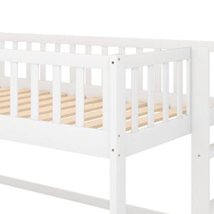 RORIGAT Twin Size Low Loft Bed with Ladder & Slide,Toddler Loftbeds with Safety Rails,Solid Pine Wood Bedframe,Space-Saving Funiture, No Box Spring Needed,White