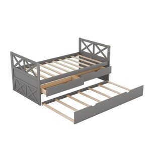 RORIGAT Twin Size Daybed with Trundle and Drawers,Multi-Functional Solid Pinewood Bedframe for Boys/Girls/Adult,No Box Spring Needed,Gray