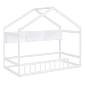 House Bed Twin Size Floor Bed with Fence Railings, Montessori Bed Frame with Storage Shelves, Wood Playhouse Beds for Kids Girls Boys, White