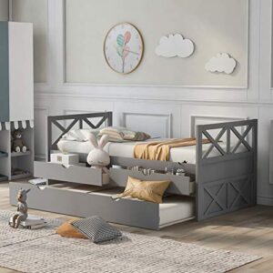 RORIGAT Twin Size Daybed with Trundle and Drawers,Multi-Functional Solid Pinewood Bedframe for Boys/Girls/Adult,No Box Spring Needed,Gray