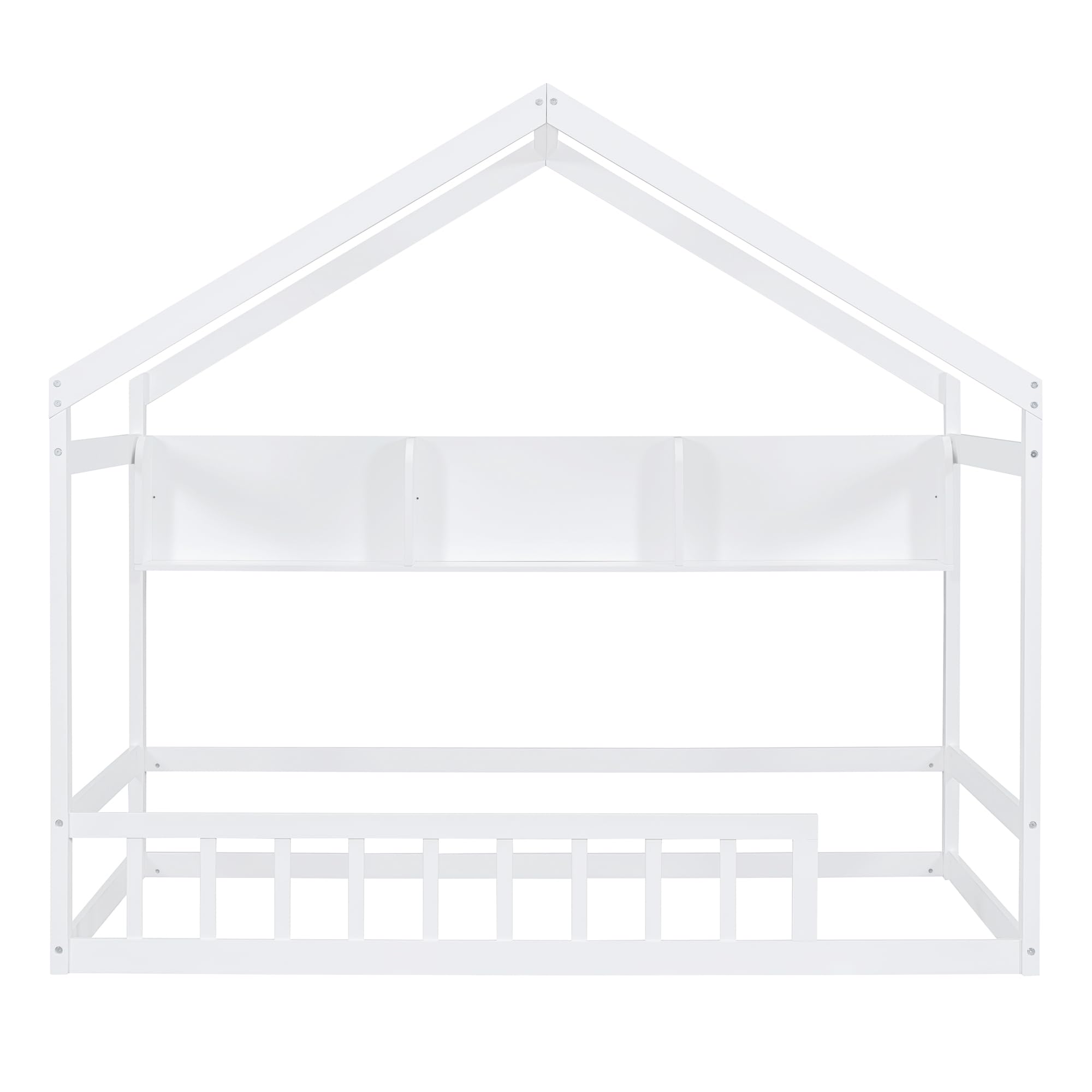 House Bed Twin Size Floor Bed with Fence Railings, Montessori Bed Frame with Storage Shelves, Wood Playhouse Beds for Kids Girls Boys, White