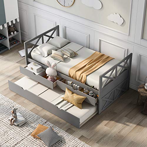 RORIGAT Twin Size Daybed with Trundle and Drawers,Multi-Functional Solid Pinewood Bedframe for Boys/Girls/Adult,No Box Spring Needed,Gray