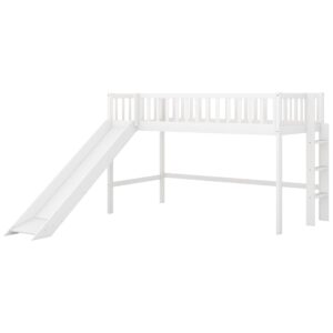 RORIGAT Twin Size Low Loft Bed with Ladder & Slide,Toddler Loftbeds with Safety Rails,Solid Pine Wood Bedframe,Space-Saving Funiture, No Box Spring Needed,White