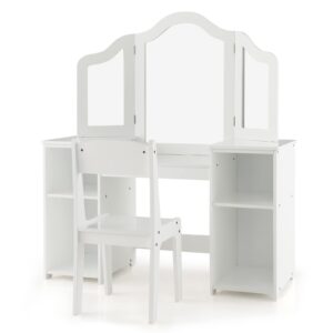 KOTEK Kids Vanity Table and Chair Set, 2 in 1 Wooden Princess Dressing Desk with Detachable Tri-Folding Mirror & Storage Shelves, Girls Pretend Play Beauty Makeup Vanity for Bedroom (White)