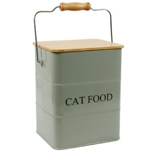 brabtod cat food storage container cat treats jar, metal food treats tin for cat, pet snacks canisters with wooden lid/handle/sevice scoop,hold 5-6 lbs-green