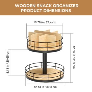 NANAGIFTREE Snack Organizer - Versatile Snack Storage 2 Tier Lazy Susan with Convenient Grab-and-Go Design, Wood and Metal Snack Holder for Home, Office, Breakroom, 12.13" L x 12.13" W x 12.56" H