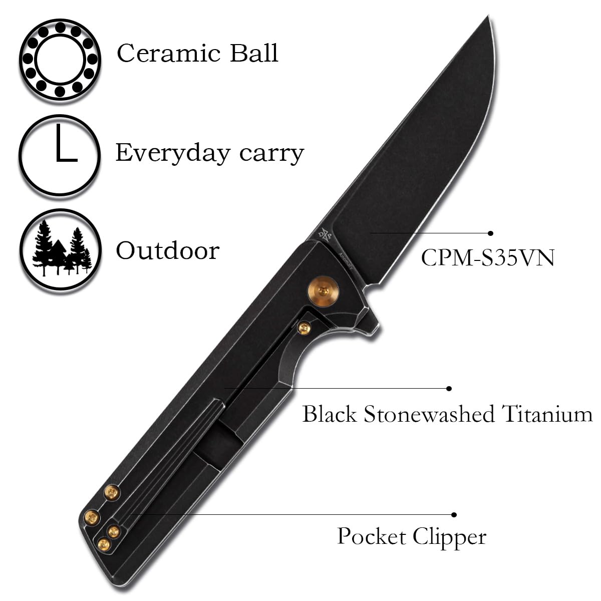 KANSEPT Anomaly Pocket Folding Knives EDC Camping Folding Knife 3.14'' CPM S35VN Material Pocket Folding Knife with Black Stonewashed Titanium Handle Everyday Carry K2038A2