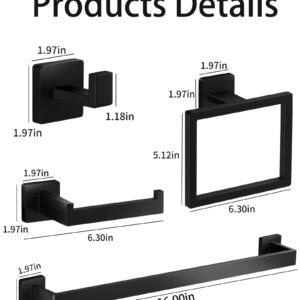 Hinmood Matte Black Bathroom Hardware Set, 5 Pieces Hardware Accessories Set SUS304 Stainless Steel Bath Towel Bar Set, Wall Mounted Towel Rack for Bathroom (Black, 16 Inch)