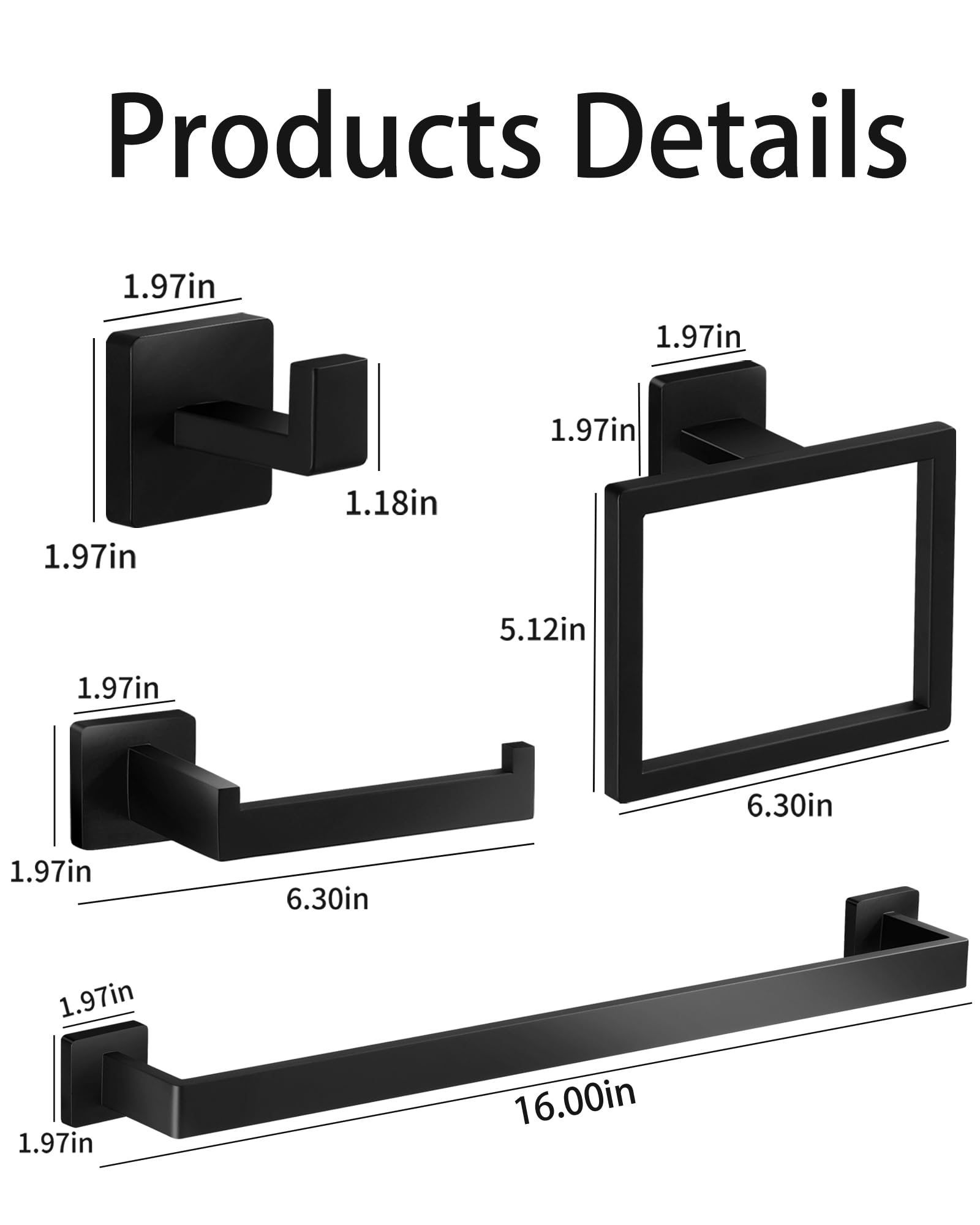 Hinmood Matte Black Bathroom Hardware Set, 5 Pieces Hardware Accessories Set SUS304 Stainless Steel Bath Towel Bar Set, Wall Mounted Towel Rack for Bathroom (Black, 16 Inch)