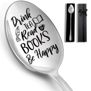 drink tea read books stainless steel spoon long handle spoon, coffee tea spoon and ice cream spoon for tea book lovers men boys and girls birthdays christmas thanksgiving gift