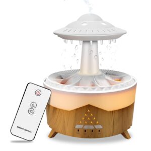 rain cloud humidifier water drip, 7 colors night rain diffuser with remote control timing, mushroom diffuser lamp, rain sounds for sleeping, desk fountain (wood grain)