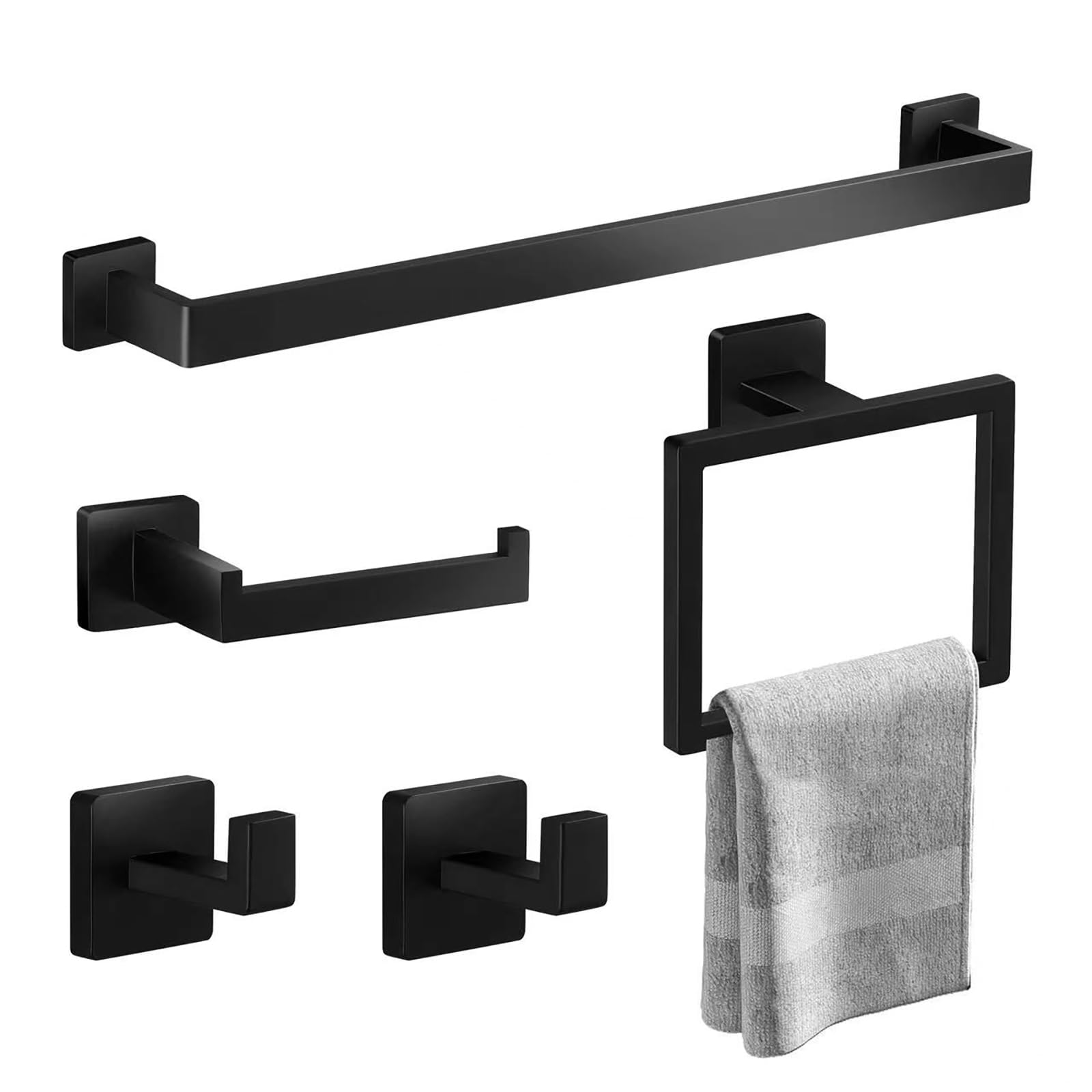 Hinmood Matte Black Bathroom Hardware Set, 5 Pieces Hardware Accessories Set SUS304 Stainless Steel Bath Towel Bar Set, Wall Mounted Towel Rack for Bathroom (Black, 16 Inch)