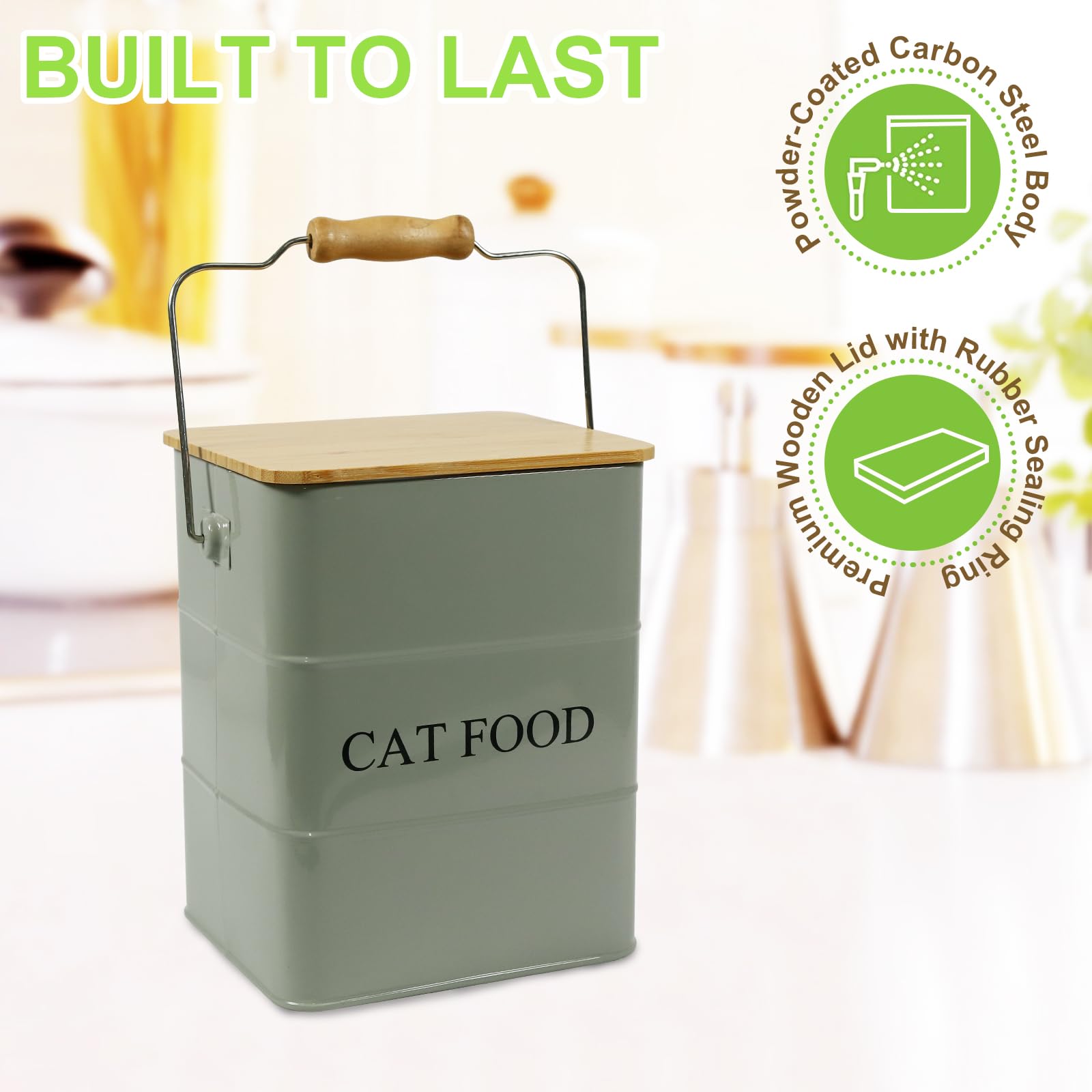 Brabtod Cat Food storage container Cat Treats Jar, Metal food treats tin for Cat, pet snacks Canisters with wooden lid/handle/sevice scoop,hold 5-6 lbs-Green