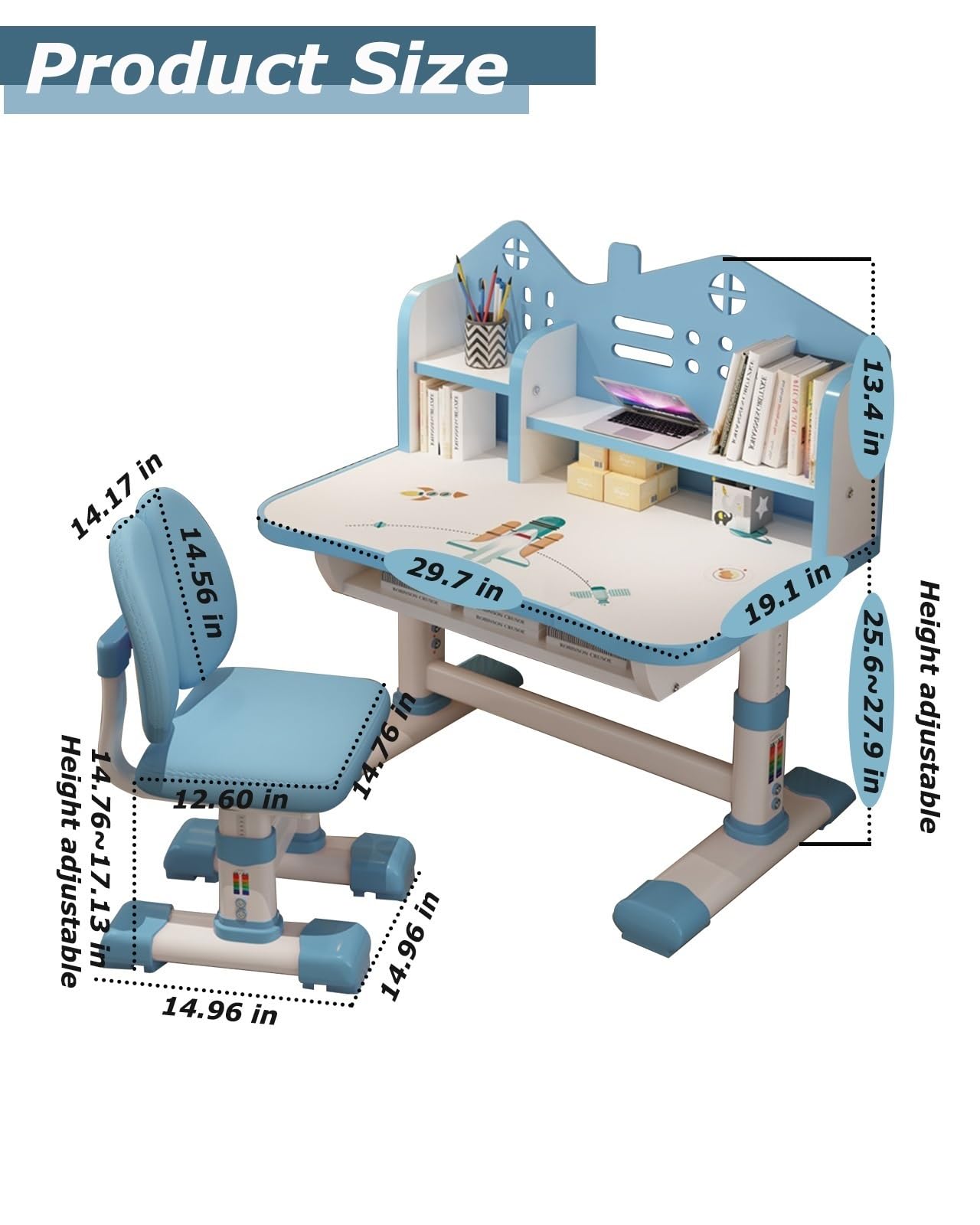 Kids' Table Chair Sets, Kids' Desks Chair, Children Study Desk Writing Table Computer Workstation With Large Storage Drawer And Bookshelf, Height Adjustable Kids Bedroom Furniture ( Color : Blue )