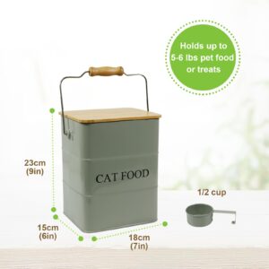 Brabtod Cat Food storage container Cat Treats Jar, Metal food treats tin for Cat, pet snacks Canisters with wooden lid/handle/sevice scoop,hold 5-6 lbs-Green