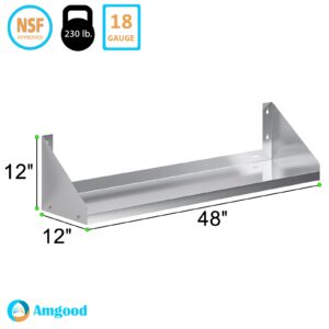 AmGood 48" Long X 12" Deep Stainless Steel Wall Shelf with Side Guards | NSF Certified | Appliance & Equipment Metal Shelving | Kitchen, Restaurant, Garage, Laundry, Utility Room