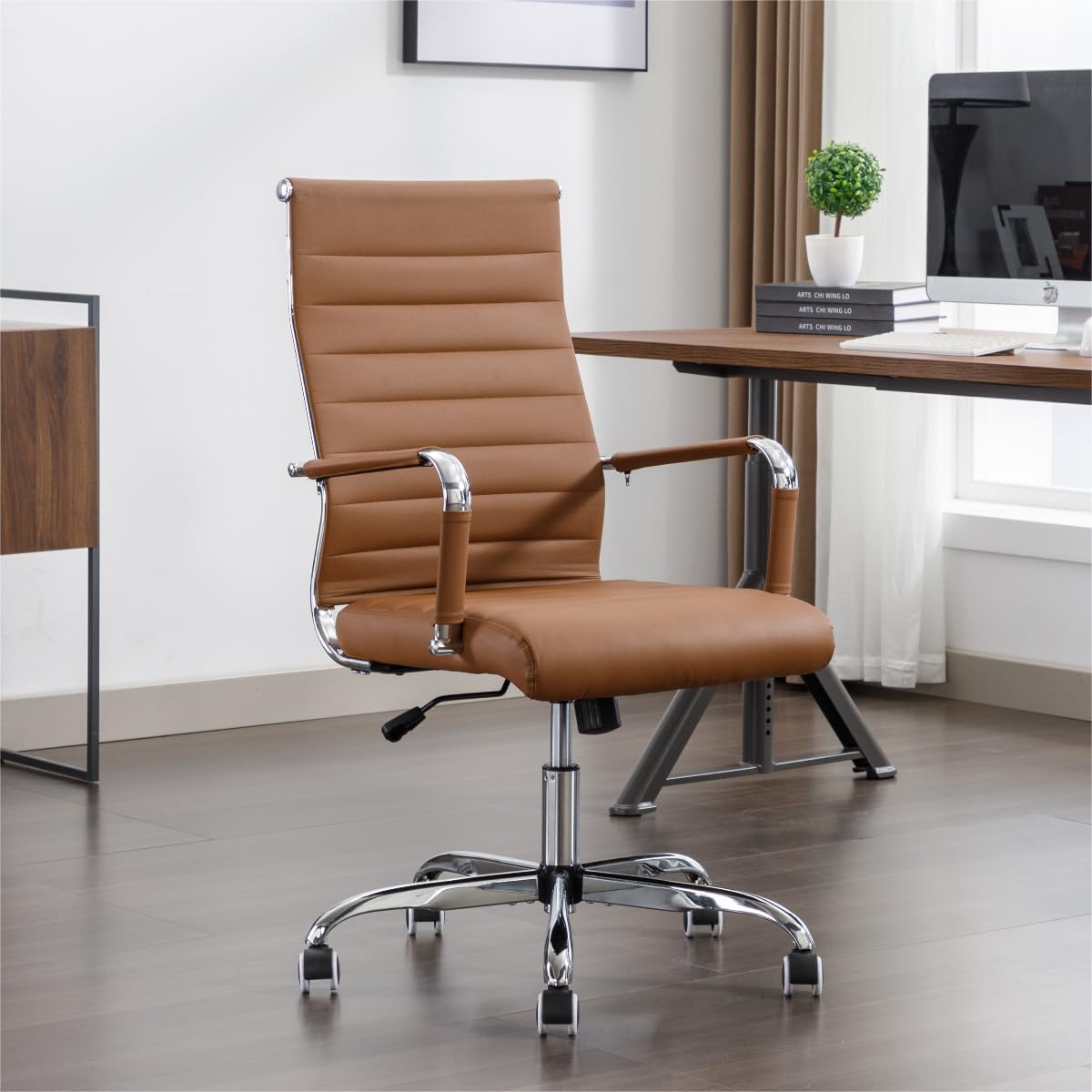 Office Desk Chair Leather, Conference Room Chairs with Wheels, Executive Modern Ergonomic Ribbed Computer Chair