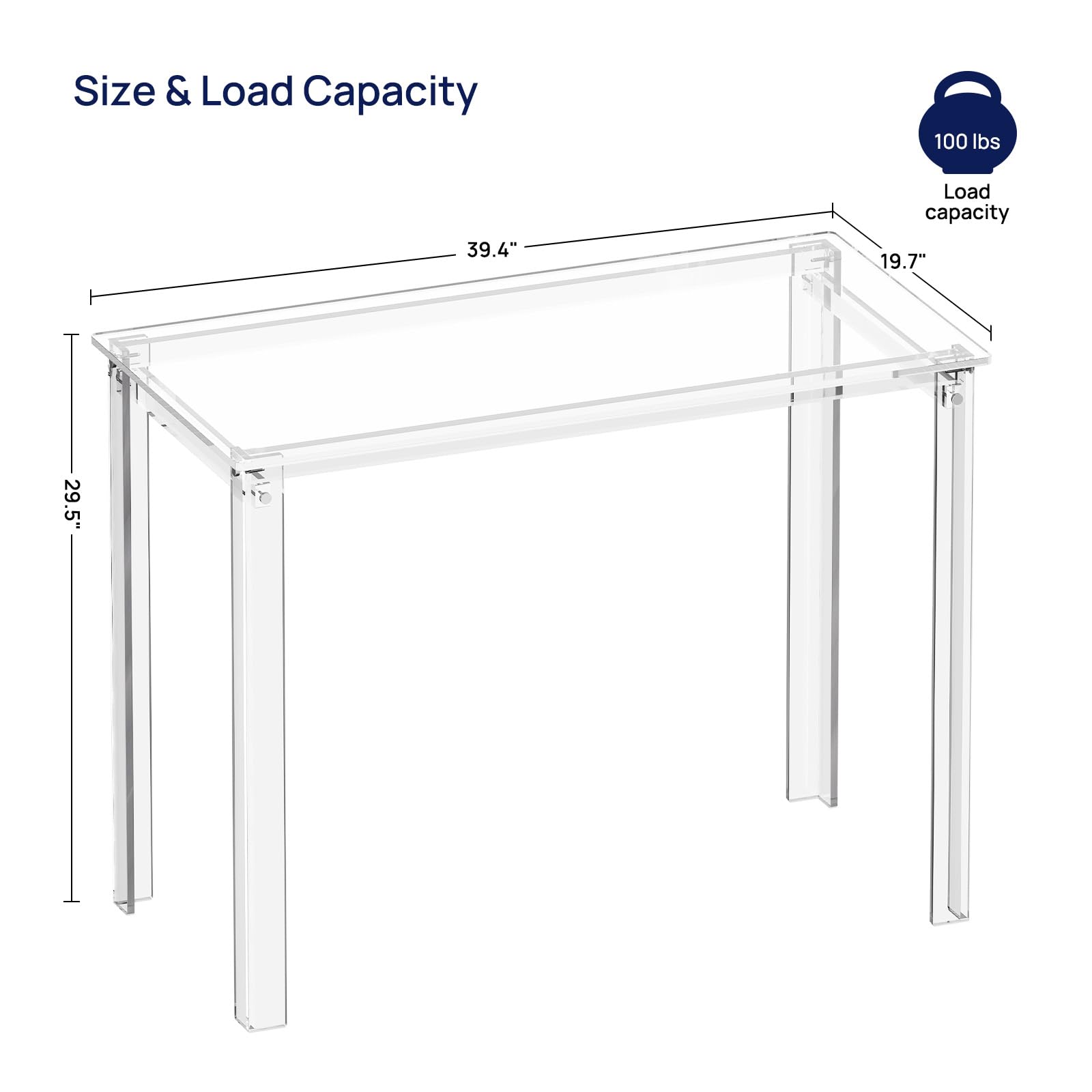 HMYHUM Acrylic Desk, 39.4" L x 19.7" W x 29.5" H, Clear Desk for Home Office for Laptop, Study, Writing, Vanity Table with Rectangular Legs, Modern, Easy Assembly