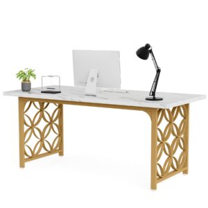 Tribesigns 63-inch Executive Desk, Modern Office Desk with Strong Metal Frame, Large Computer Writing Desk Business Furniture for Home Office (White Marble and Gold)