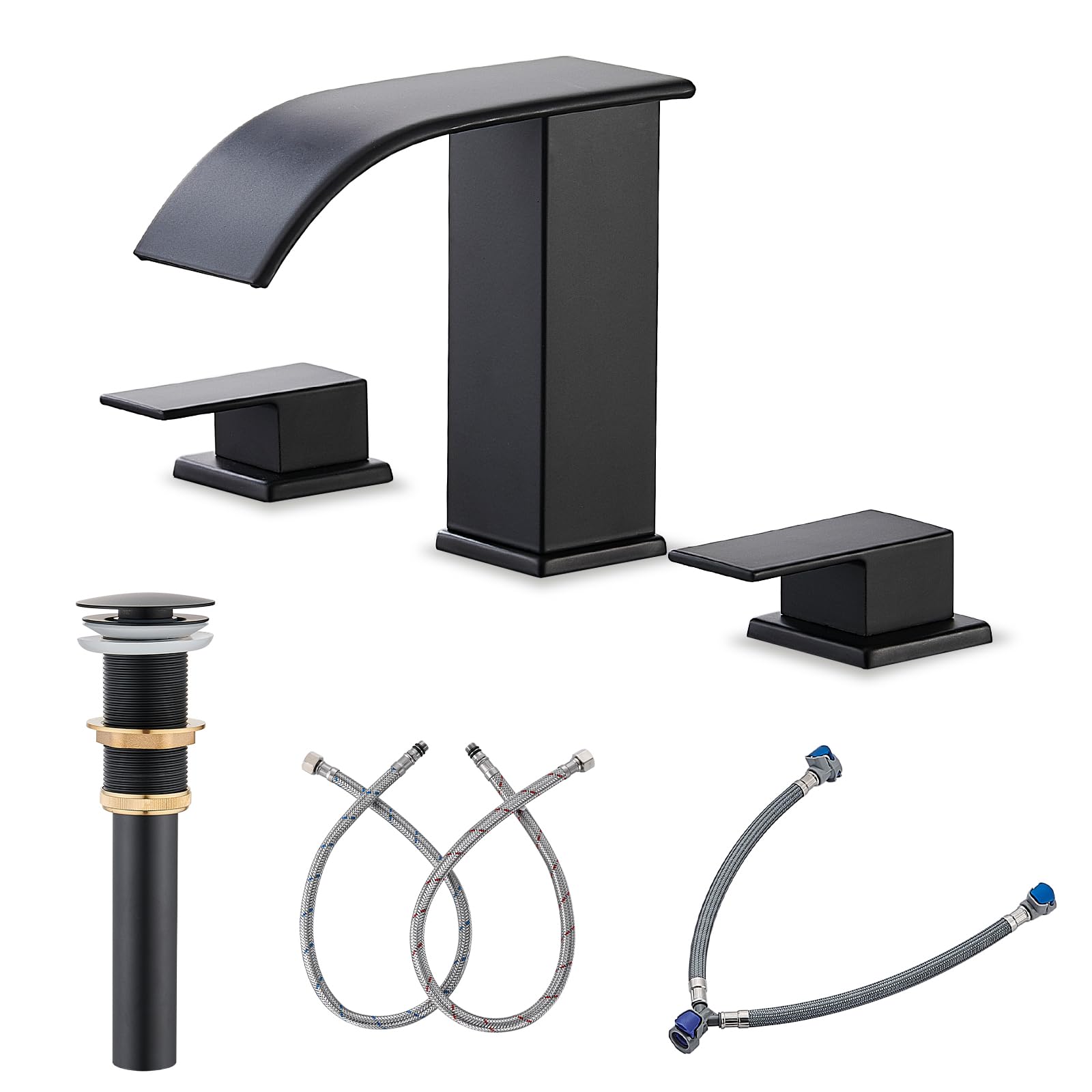 AVSIILE Waterfall Bathroom Faucet 3 Hole, Matte Black 8 Inch Widespread Bathroom Faucets & Parts, Modern 3 Piece Bathroom Sink Faucet, Touch On Lavatory Faucet for Bathroom Vanity Sink, Curved Spout