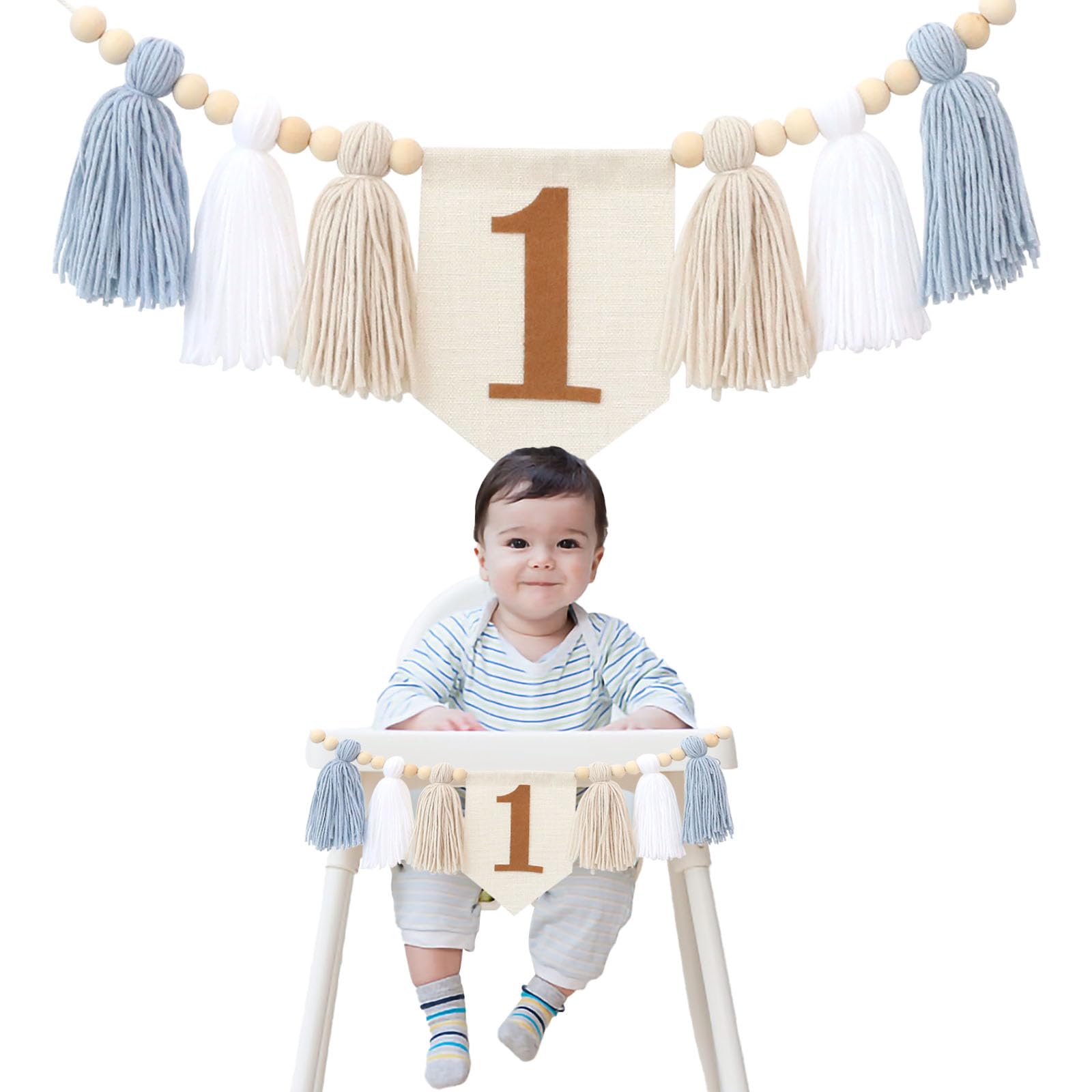 Handmade Boho 1st Birthday High Chair Banner Party Decoration For Girl Baby Shower Blue And White Wall Hangings Decorative For Kids Bedroom