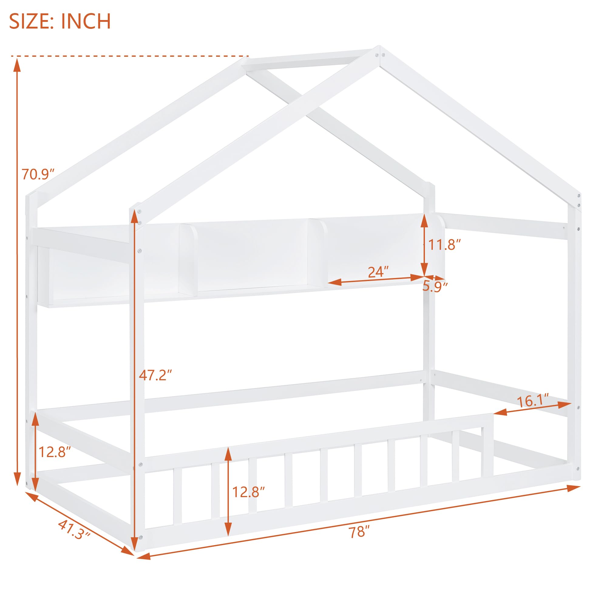 House Bed Twin Size Floor Bed with Fence Railings, Montessori Bed Frame with Storage Shelves, Wood Playhouse Beds for Kids Girls Boys, White