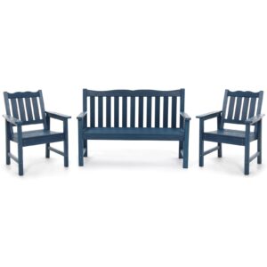 stoog oversized patio bench & chairs set, all-weather outdoor furniture set, include 2 patio chairs and 1 patio bench, for porch, backyard, lawn, pool and deck, blue