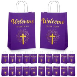 chuangdi 50 pcs church welcome gift bags christmas christian paper bags welcome to our church bags religious bags with handles for church guest baptism birthday church party,5.9 x 3.15 x 8.27 inch(purple)